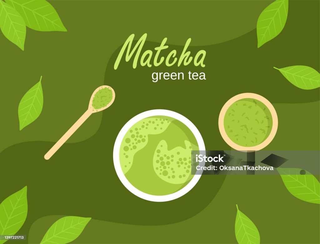 Teh Matcha Hijau Jepang Dalam Cangkir Bubuk Dalam Piring Sendok Bambu ... Teh Matcha Hijau Jepang Dalam Cangkir Bubuk Dalam Piring Sendok Bambu ...