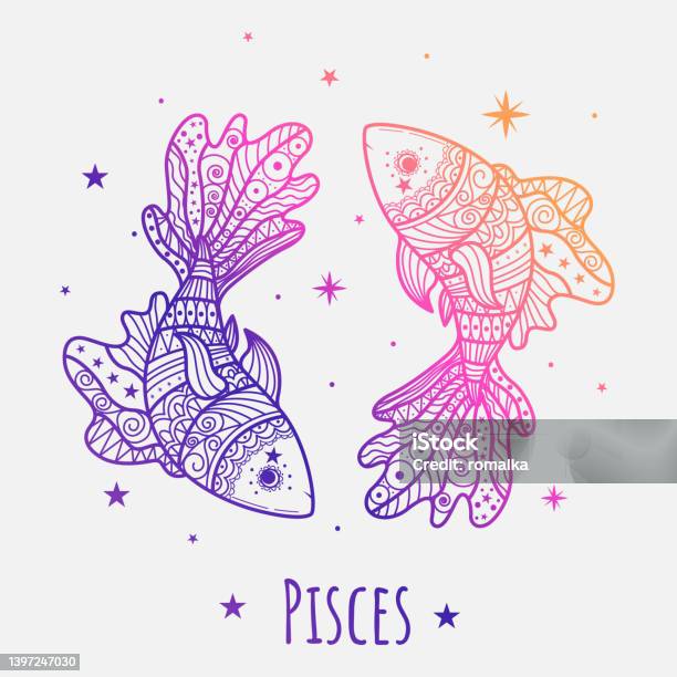 Colorful Zodiac Sign Pisces Vector Lineart Easy To Recolor向量圖形及更多星座符號圖片