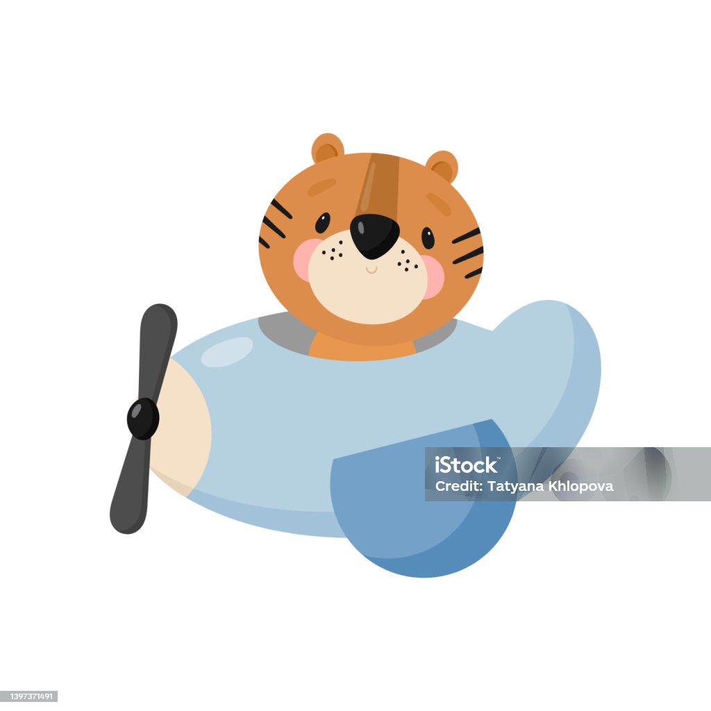 Ilustración De Cute Tiger Está Volando En Un Avión Estilo De Dibujos
