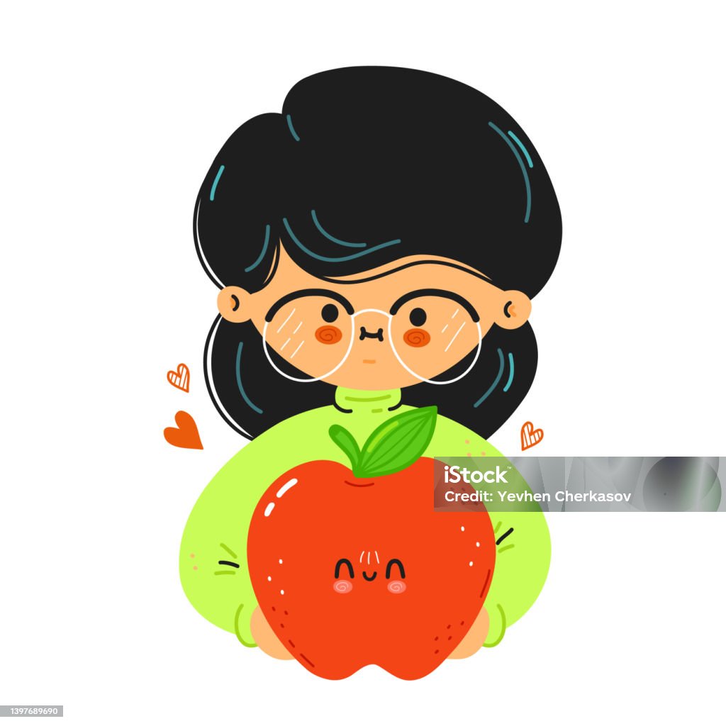 Young Cute Funny Girl Hold Red Apple In Hand Young Woman Hugs Cute Red