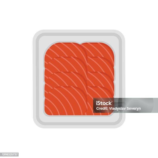 Irisan Salmon Dalam Ikon Paket Vakum Diisolasi Dengan Latar Belakang