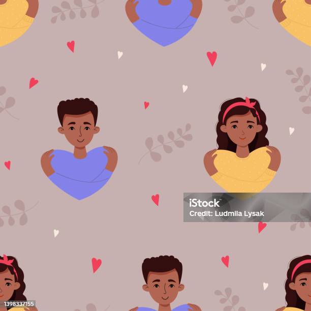 Seamless Pattern With Ethnic Young People Darkskinned Cute Girl With