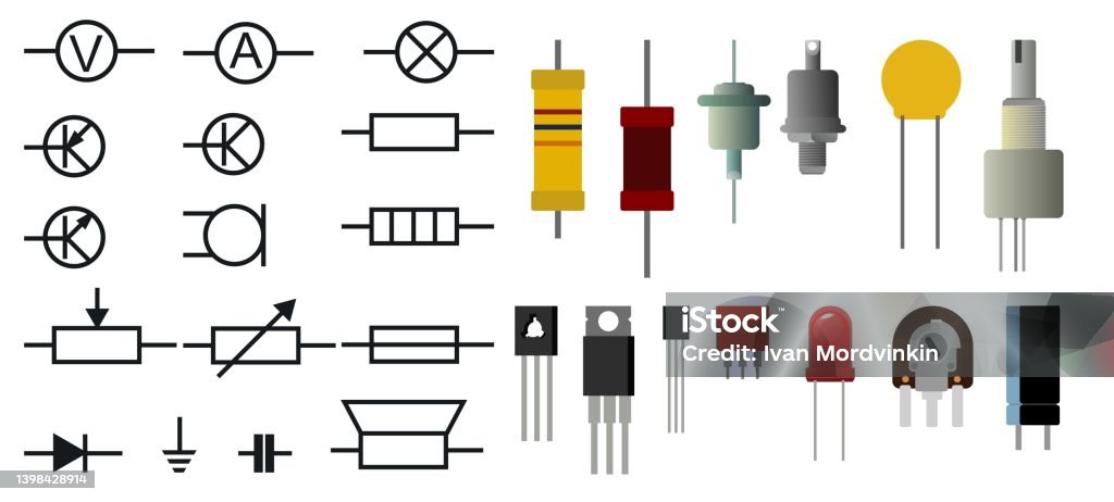 Set Of Radio Component Resistor Transistor Diode And Capacitor Radio Electronic Circuit Symbolic
