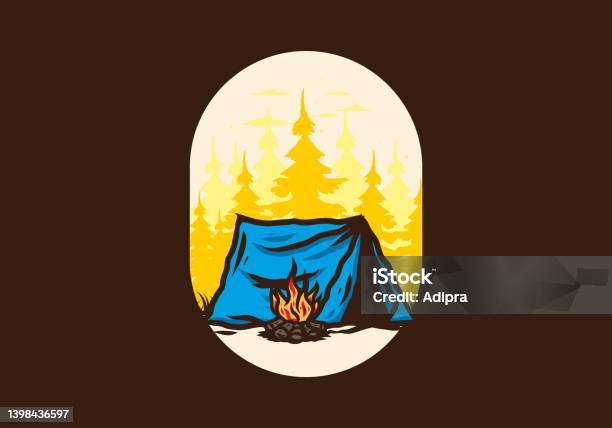 Berkemah Hutan Dengan Lencana Ilustrasi Api Unggun Ilustrasi Stok
