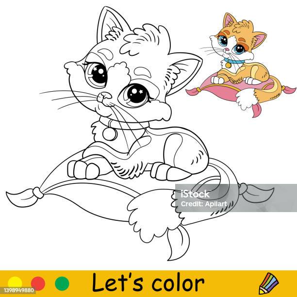 Kucing Kartun Berbaring Di Atas Vektor Halaman Buku Mewarnai Bantal ... Kucing Kartun Berbaring Di Atas Vektor Halaman Buku Mewarnai Bantal ...