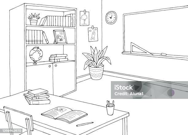 Vektor Ilustrasi Sketsa Interior Putih Putih Kelas Ilustrasi Stok
