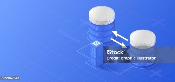 Ilustrasi Isometrik Penyimpanan Sinkronisasi Cloud Platform Server Data