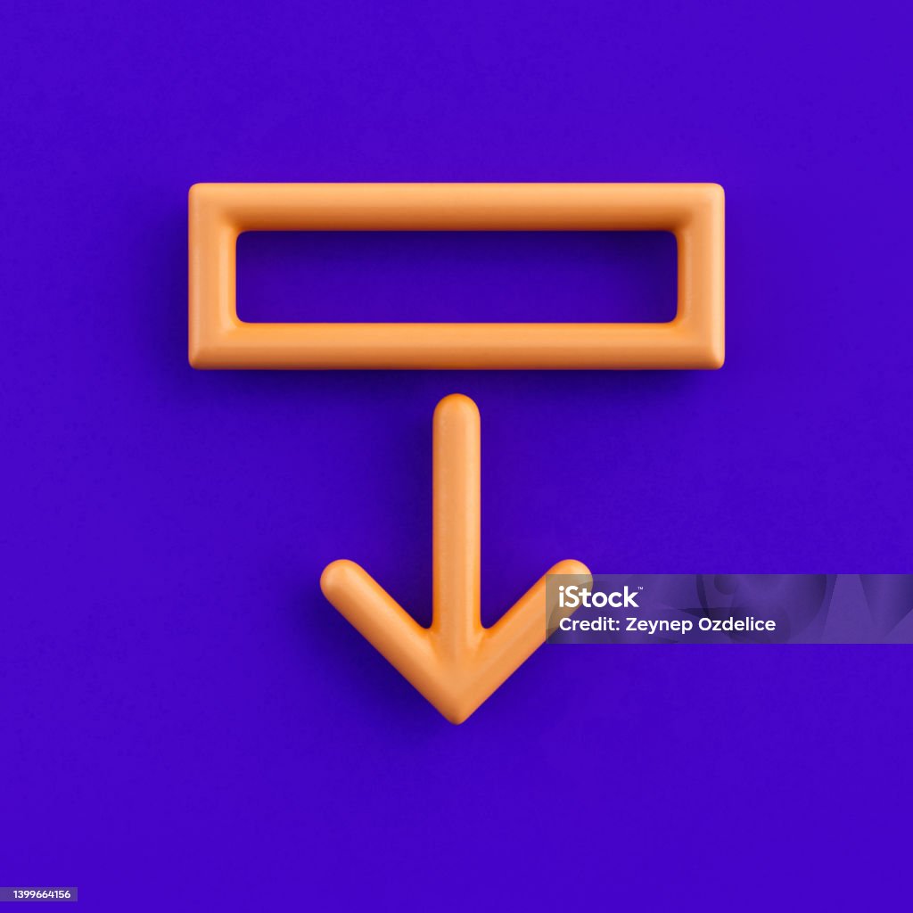 Blok Ikon 3d Ke Bawah Ikon Panah Kuning Kerangka Simbol Arah Rendering