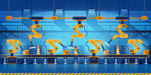 Efficient Smart Factory With Workers Robots And Assembly Line Industry