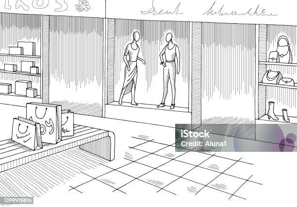 Vektor Ilustrasi Sketsa Interior Hitam Putih Grafis Pusat Perbelanjaan