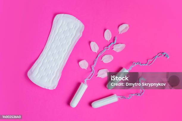 Female Tampon With With Cherry Petals And Woman Gasket On A Pink ... Female Tampon With With Cherry Petals And Woman Gasket On A Pink ...