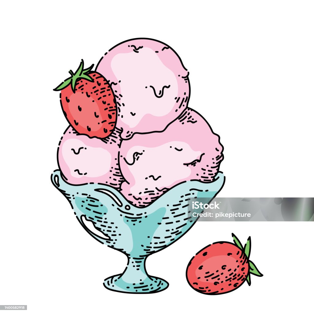 Strawberry Ice Cream Sketch Hand Drawn Vector Stock Illustration