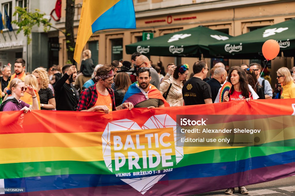 Baltic Lgbtq Pride At Vilnius Rainbow Flag And Balloon At The European