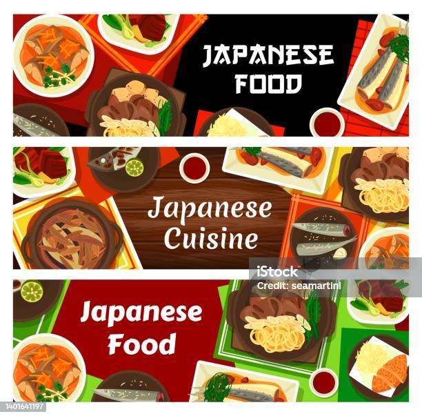 Menu Makanan Jepang Spanduk Hidangan Makanan Restoran Ilustrasi Stok