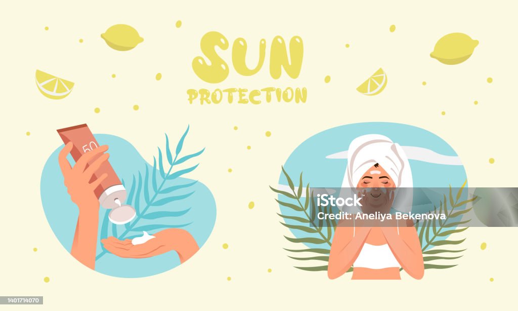 Girl Applying Sunscreen Lotion On Face Vector Isolated Illustration
