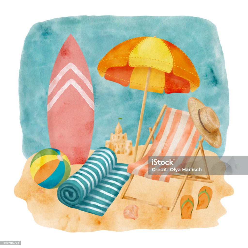 Watercolor Summer Beach Illustration Hand Drawn Beach Umbrella Chair