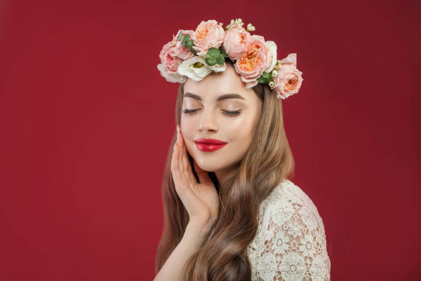 1 200 Beauty Woman Face Red Lips Natural Clean Healthy Skin Stock