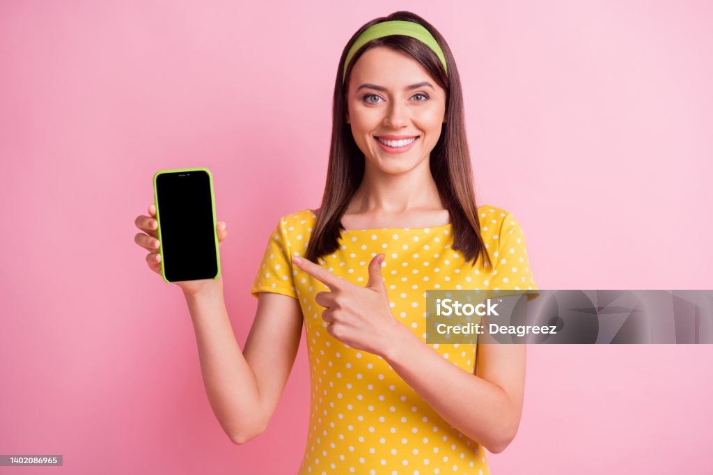 Photo Of Young Attractive Smiling Cheerful Good Mood Girl Point Finger