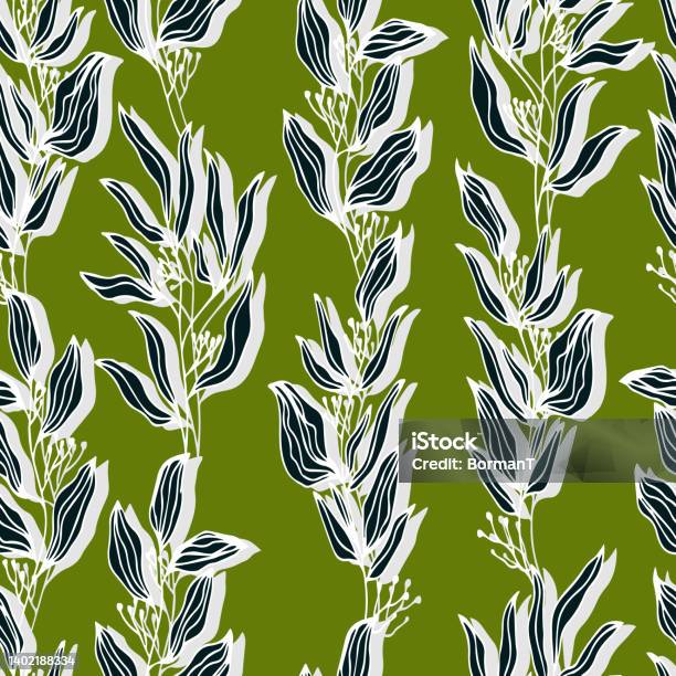 Batang Cabang Botani Dengan Vektor Daun Hutan Pola Mulus Ilustrasi Stok