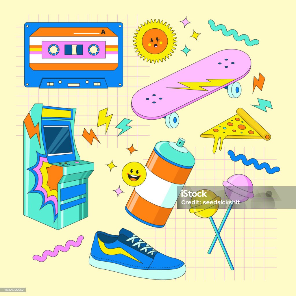 90an Budaya Pop Stiker Kartun Barang Benda Dengan Ilustrasi Lucu