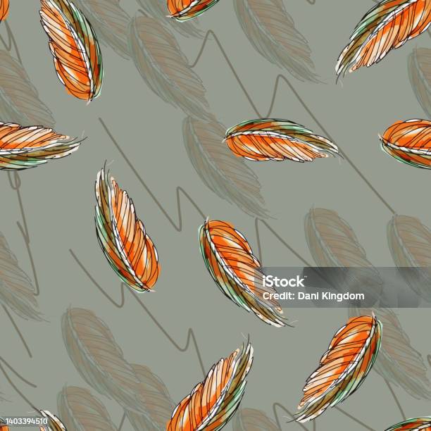 Motif Avec Plume Doiseau Orange Et Vert Sur Fond Kaki Vecteurs Libres