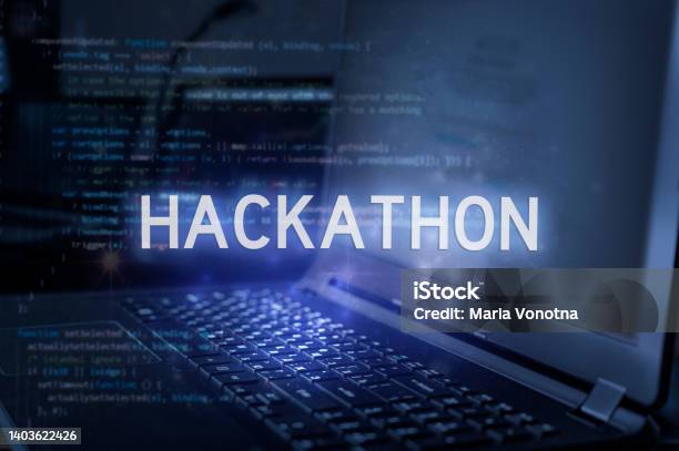 Hackathon Inscription Against Laptop And Code Background Technology ... Hackathon Inscription Against Laptop And Code Background Technology ...