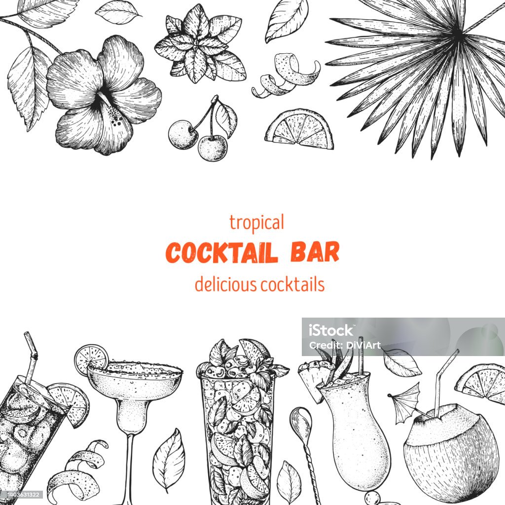 Cocktails Hand Drawn Vector Illustration Alcoholic Cocktails Sketch Set