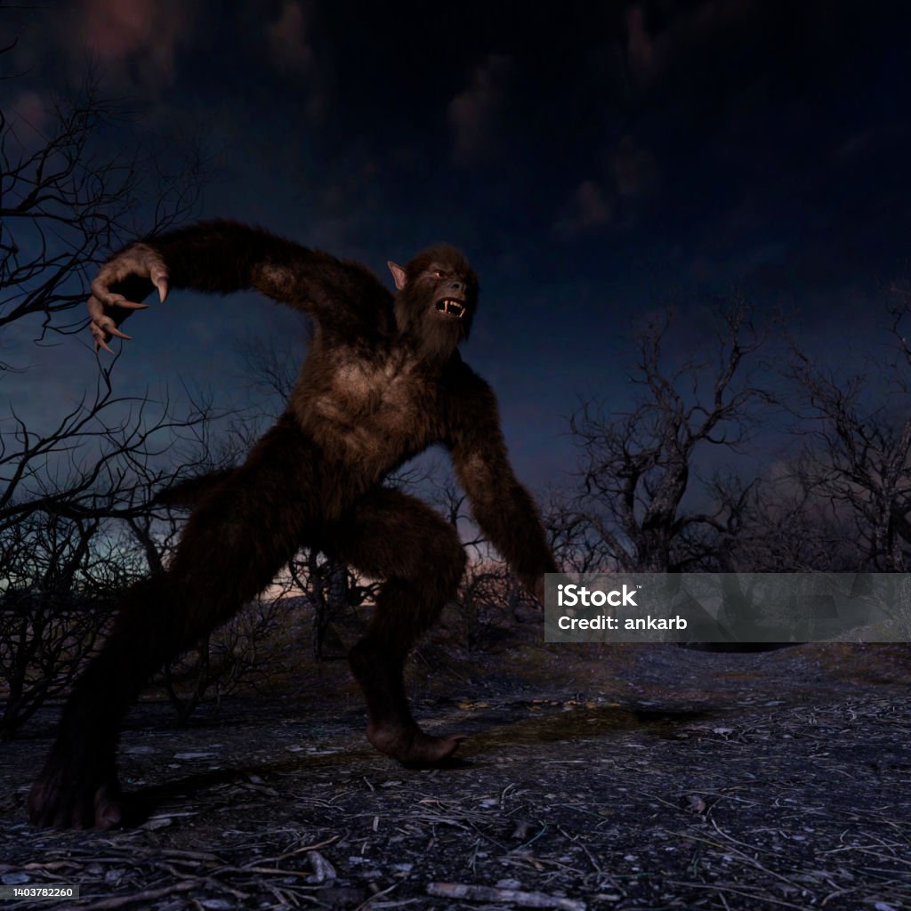 Illustration Of A Werewolf During The Night In The Creepy Forest Stock
