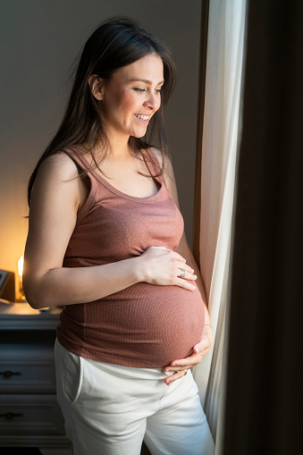 Happy Middle Aged Pregnant Woman At Home Looking Outside The Window