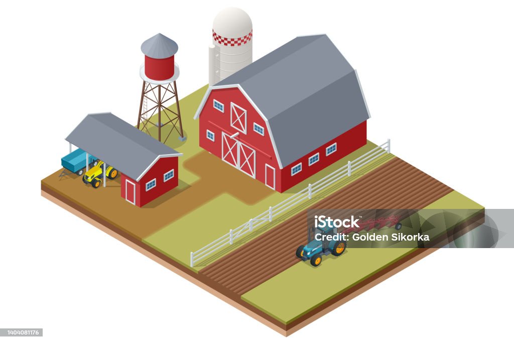 Isometrik Bangunan Pertanian Dengan Traktor Pertanian Ladang Budidaya ... Isometrik Bangunan Pertanian Dengan Traktor Pertanian Ladang Budidaya ...