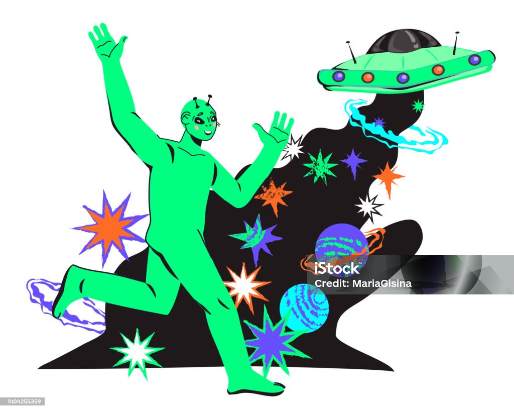 Funny Space Alien With Fantasy Ufo Spaceship Cartoon Flat Vector Isolated Stock Illustration