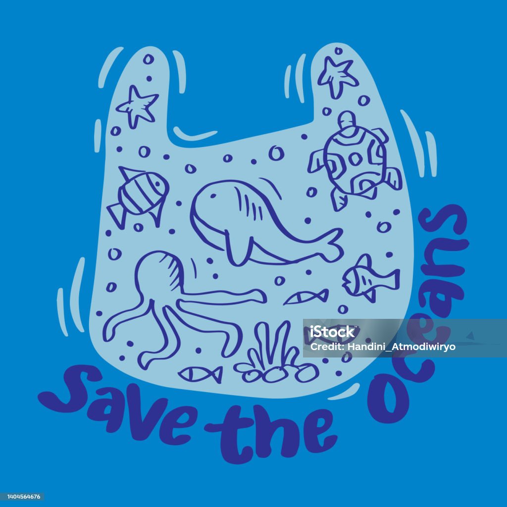 Save The Oceans Hand Drawn Lettering Protect Ocean Concept Stock