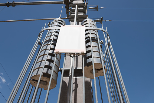 Concrete Pole Overhead Power Lines Heavy Counterweights Stock Photo ... Concrete Pole Overhead Power Lines Heavy Counterweights Stock Photo ...