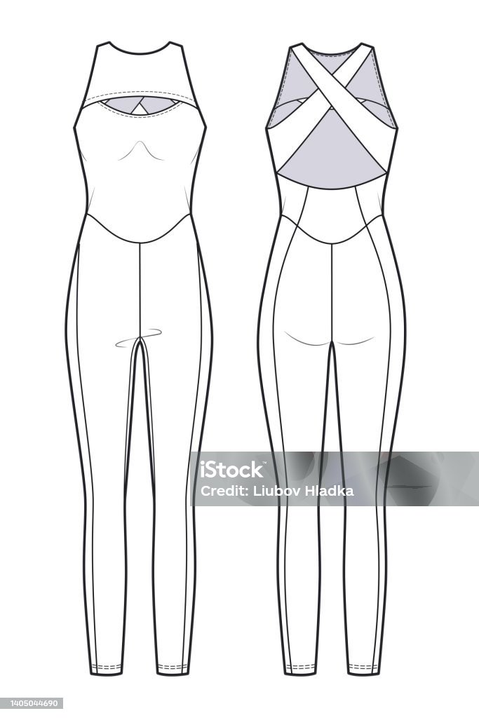 Womans Yoga Bodysuit Fashion Flat Technical Drawing Template Sport Long