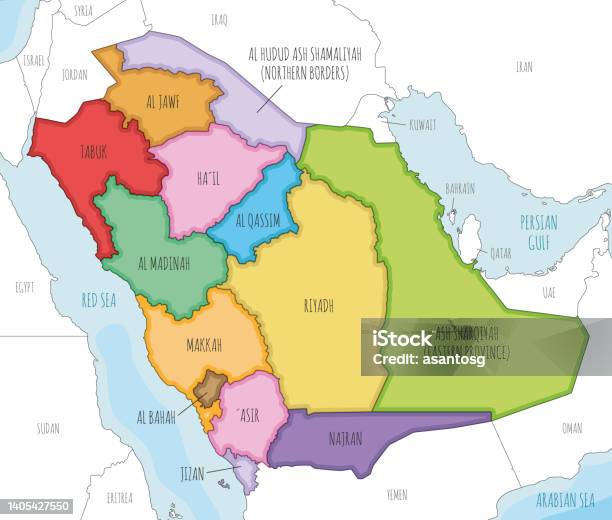 Stock Ilustrace Vektorově Ilustrovaná Mapa Saúdské Arábie S Provinciemi