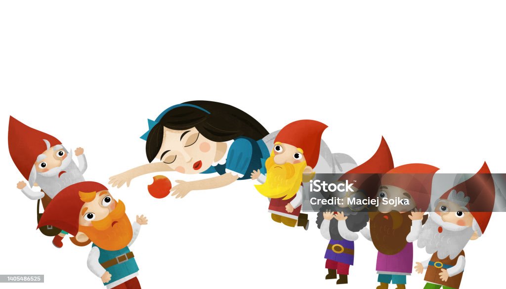 Cartoon Scene With Sleeping Princess And Dwarfs On White Background