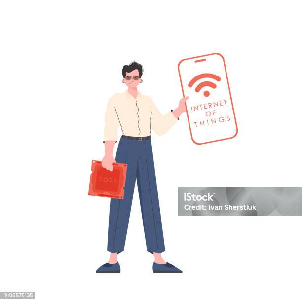 Seorang Pria Memegang Telepon Dengan Logo Iot Di Tangannya Iot Dan