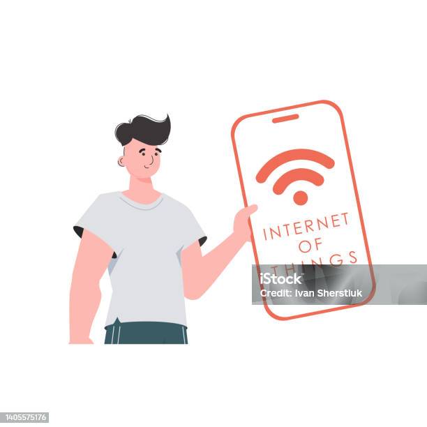 Pria Itu Memegang Telepon Dengan Logo Iot Di Tangannya Konsep Iot