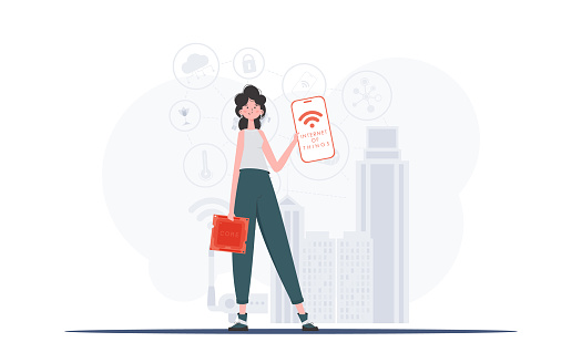 Iot Dan Konsep Otomatisasi Seorang Wanita Memegang Telepon Dengan Logo