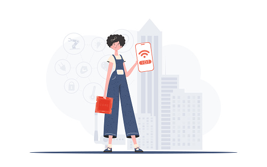 Iot Dan Konsep Otomatisasi Seorang Wanita Memegang Telepon Dengan Logo
