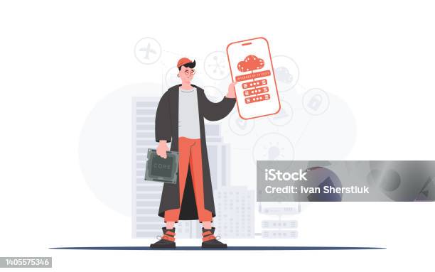 Konsep Iot Pria Itu Memegang Telepon Dengan Logo Iot Di Tangannya