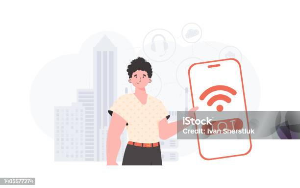 Iot Dan Konsep Otomatisasi Seorang Pria Memegang Telepon Dengan Logo