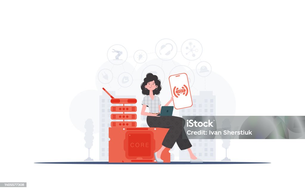 Iot Dan Konsep Otomatisasi Gadis Itu Memegang Telepon Dengan Logo Iot