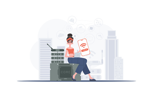 Konsep Internet Of Things Gadis Itu Memegang Telepon Dengan Logo Iot Di