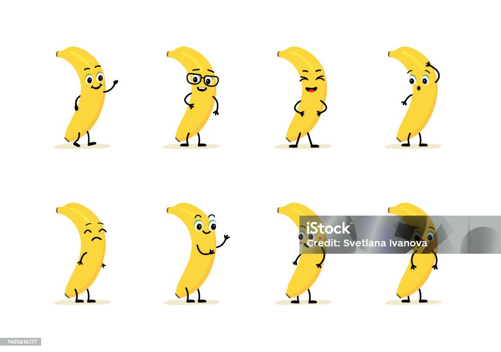 Karakter Pisang Dengan Wajah Lucu Selamat Set Emoji Kartun Lucu Ilustrasi Stok Unduh Gambar
