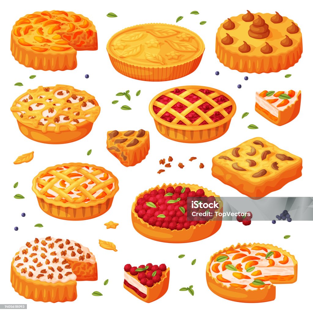 Vetores De Torta Assada Feita De Massa De Massa Com Recheio De Frutas Doces E Conjunto Vetorial