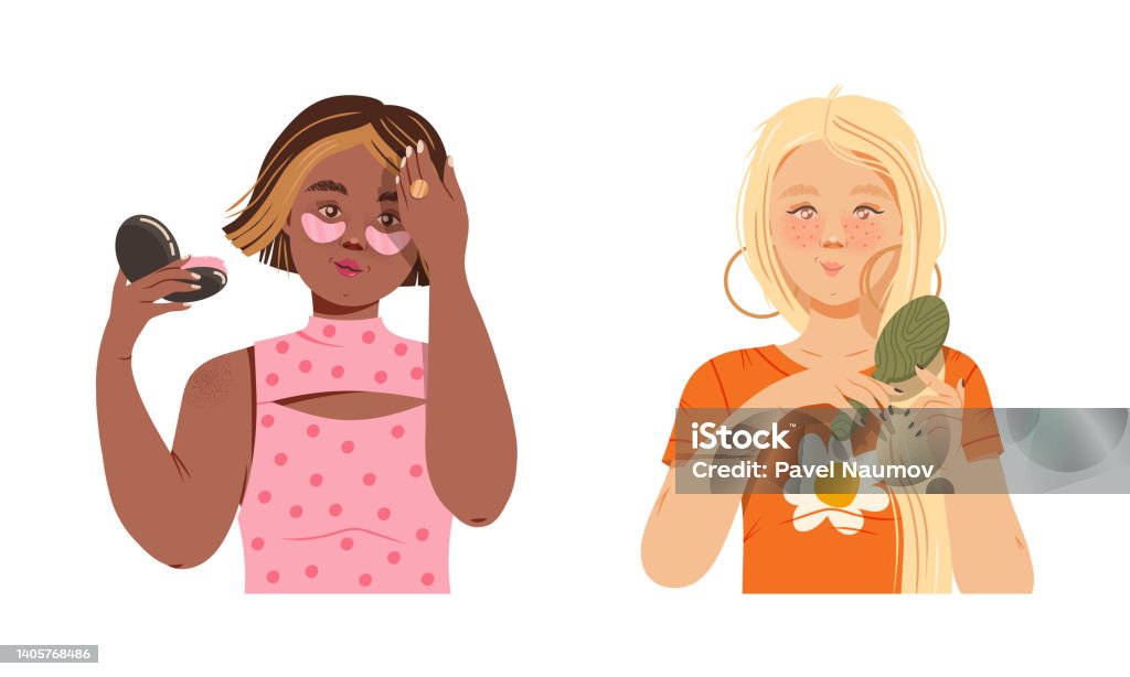 Beauty Daily Routine Girls Taking Care Of Face And Combing Hair Cartoon Vector Illustration
