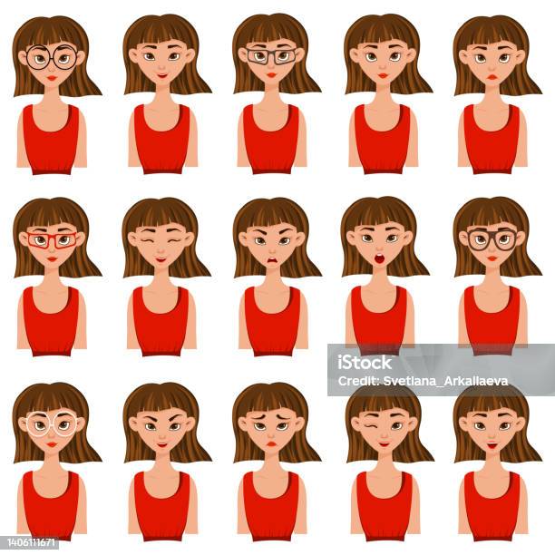 Diatur Dengan Karakter Wanita Dengan Ekspresi Wajah Dan Emosi Yang