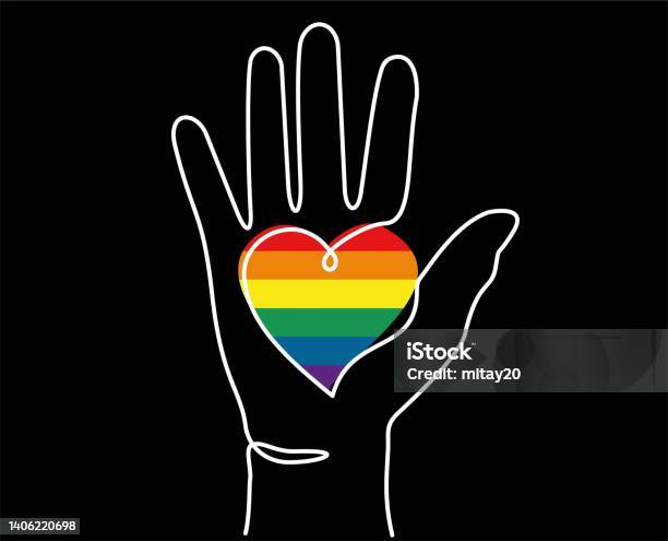 Continuous Line Drawing Hand Of Heart With Lgbt Gay Pride Flag Color