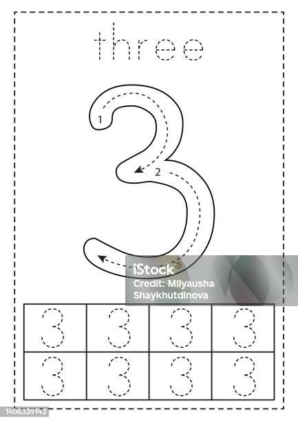 Tracing Number Three Preschool Worksheet Black And White ... Tracing Number Three Preschool Worksheet Black And White ...